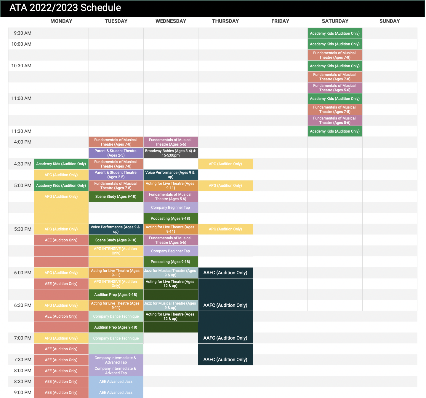 ATA 2022-2023 Schedule | Academy of Theatre Arts