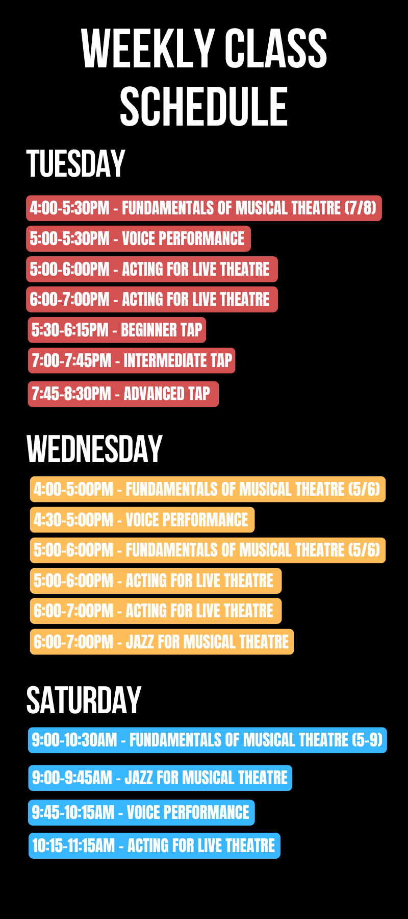 WEEKLY CLASS SCHEDULE | Academy of Theatre Arts